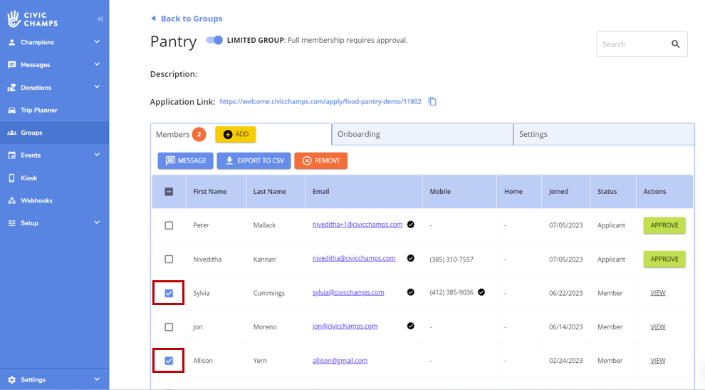 Messaging via the Groups Tab